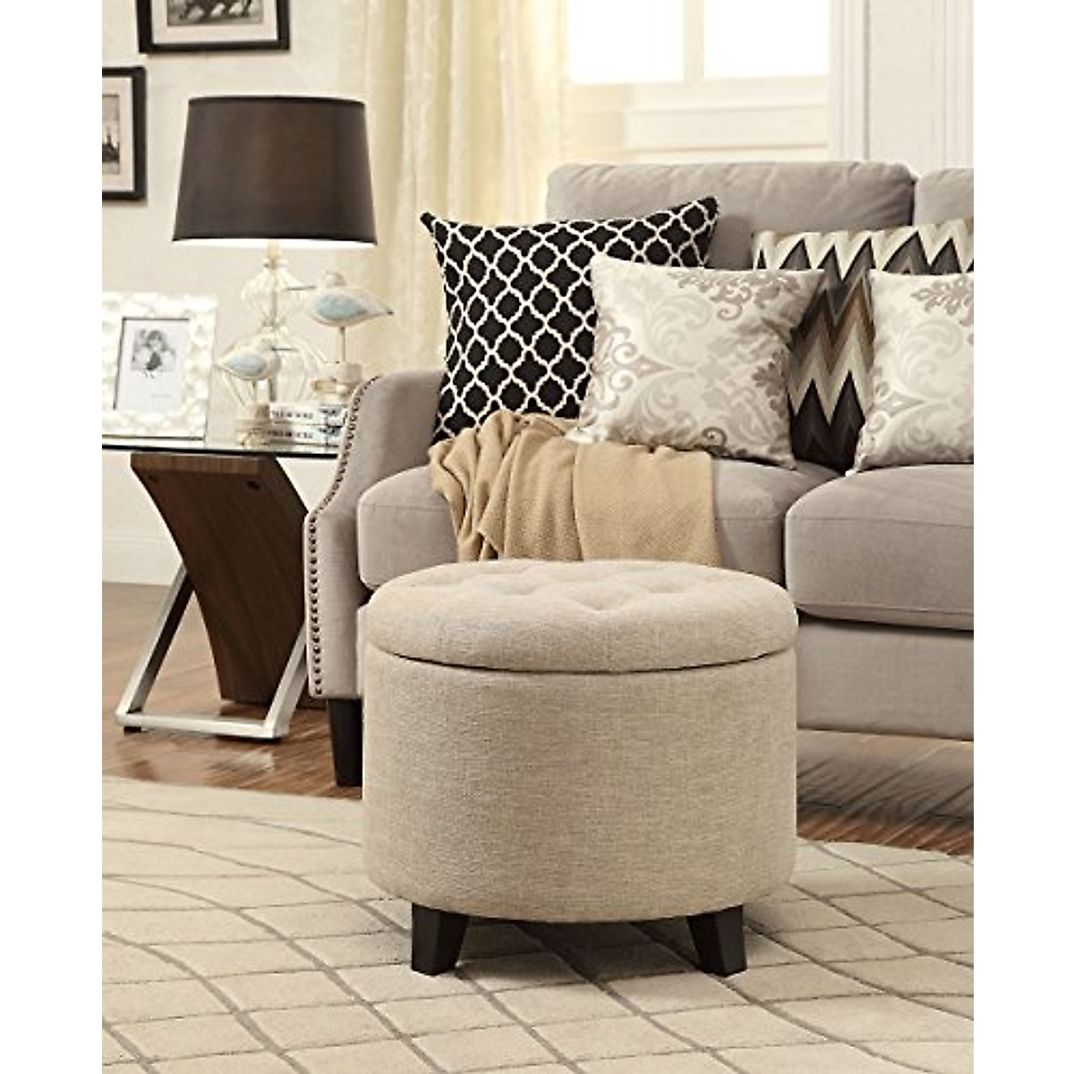 Convenience Concepts Designs4Comfort Round Storage Ottoman 19.75" - Versatile Contemporary Foot Stool for Living Room, Office, Tan Fabric