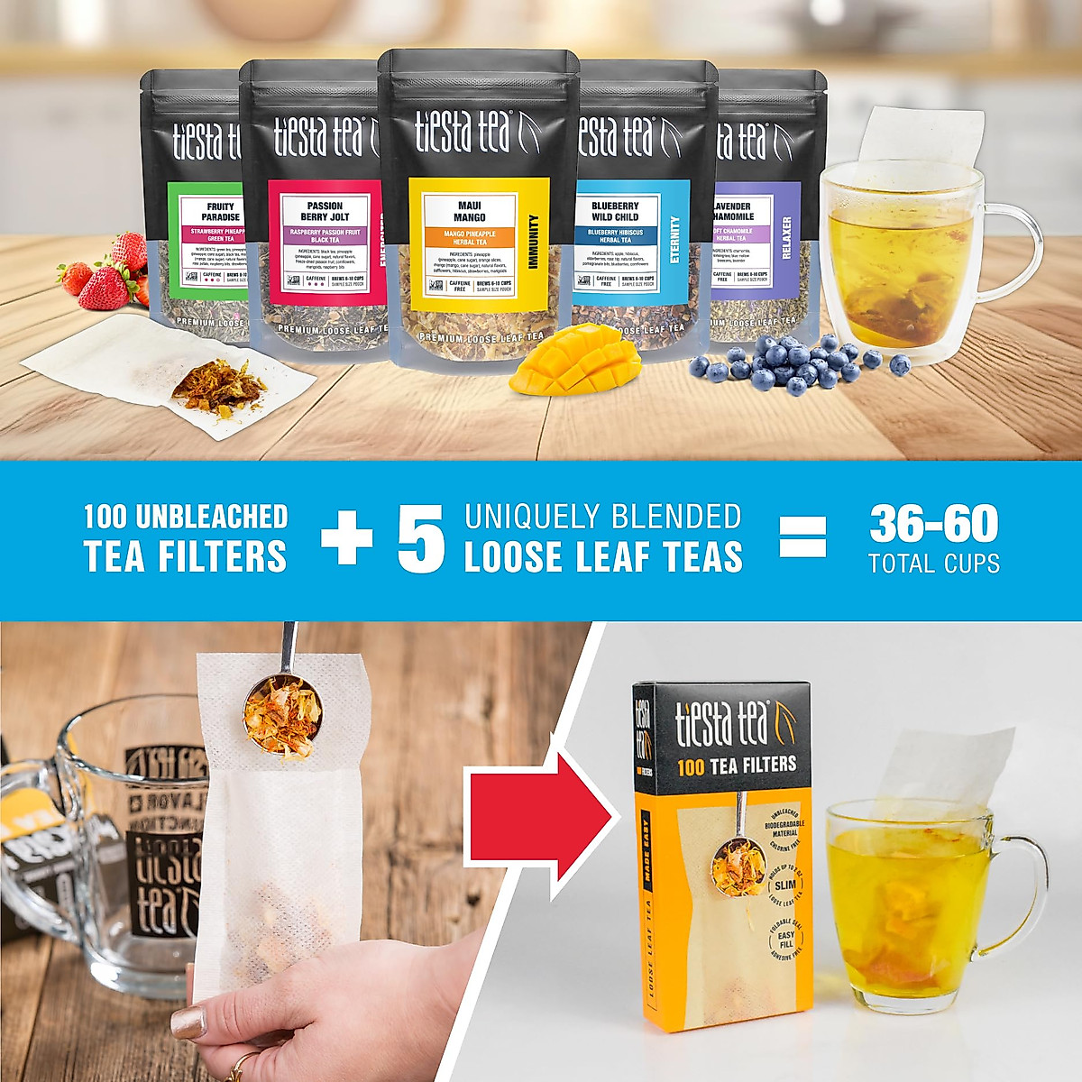 Tiesta Tea - Loose Leaf Kit | Premium Starter Kit Sampler | High to Non Caffeinated | Make Hot & Iced Brews | Starter Set with Black, Green, Herbal Sample Bags and 100 Disposable Tea Filters