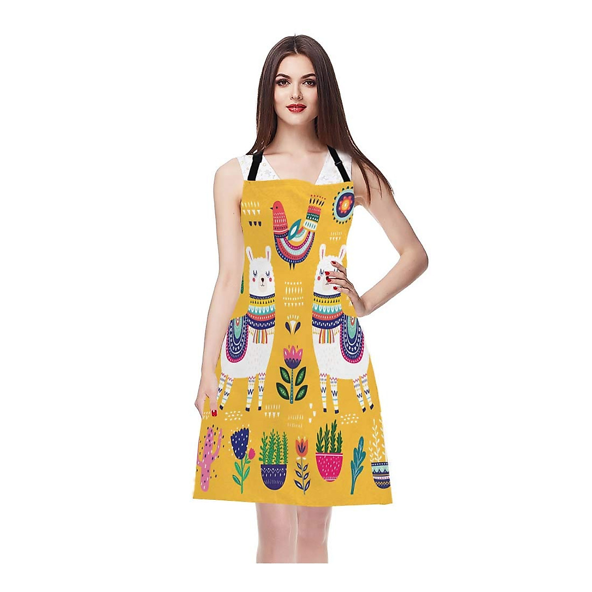EKOBLA Llama Aprons Cute Cartoon Alpaca Graphic Adjustable Apron 27x31 Inch