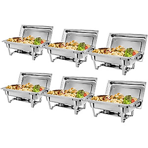 Oteymart Pack of 6 Chafing Dish Buffet Server Warming Tray Chafer Full Size Stainless Rectangular Dish Set Buffet Catering Party Events Utensils w/Fuel Holder Deep Food Pan