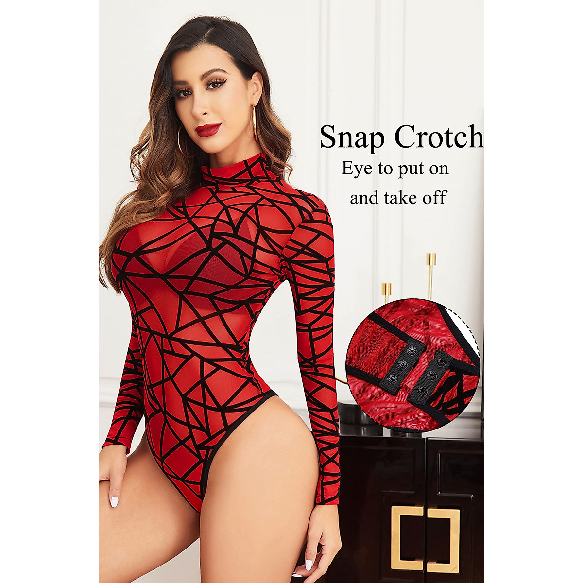 Avidlove Bodysuits for Going Out Women Halloween Tops Lace Mesh Geo Print Shirt Party Night Outfits Red