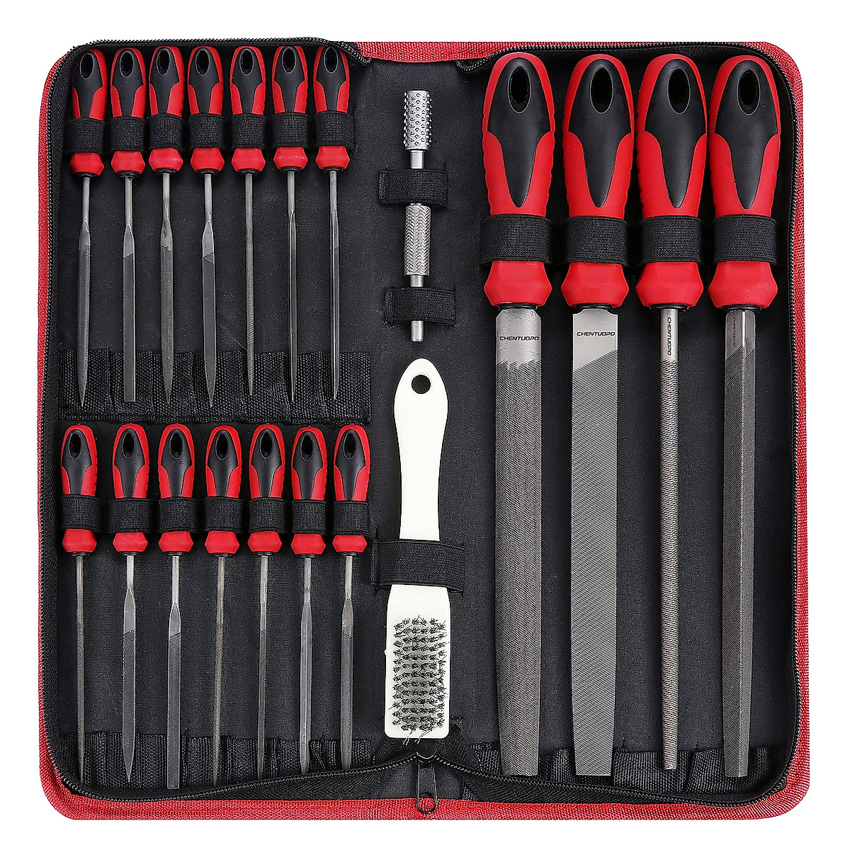 57Pcs Metal & Wood File Rasp Set,Grade T12 Forged Alloy Steel, Half-round/Round/Triangle/Flat 4pcs Large Tools, 14pcs Needle Files and a pair of Electric Files, a brush and 36pcs emery papers