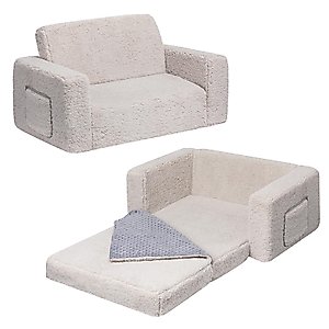ALIMORDEN Fold Out Toddler Couch, Extra Wide Comfy 2-in-1 Cuddly Sherpa Sofa for Kids, with Removable Baby Friendly Blanket, Convertible Sofa to Bed, Light Grey