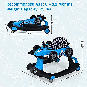 BABY JOY 4-in-1 Baby Walker, Foldable Activity Walker w/Adjustable Height & Speed, Music, Lights, Steering Wheel, Comfy Seat Cushion, Activity Baby Push Walker for Boys Girls Aged 6–18 Months (Blue)