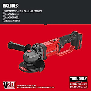 Craftsman V20 Angle Grinder, Small, 4-1/2-Inch with Battery Kit, Charger Included, 4.0-Ah (CMCG400B & CMCB204-CK)