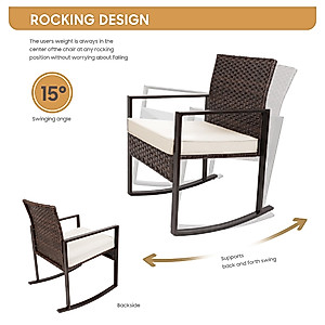 YIYAN 3 Pieces Rocking Bistro Set,Outdoor Rocking Chair Furniture Set,PE Wicker Outdoor Rocker Chair with Coffee Table & Washable Cushion(White)