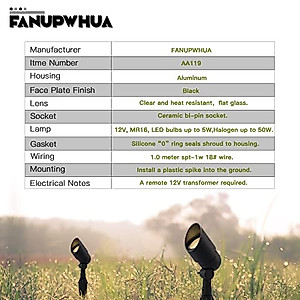 FANUPWHUA Low Voltage Landscape Lights -12V 5W LED Landscape Lighting Cast-Aluminum Waterproof Outdoor Lights for Yard Garden Spotlights with MR16 Warm White Bulbs&Spikes (2 Pack)