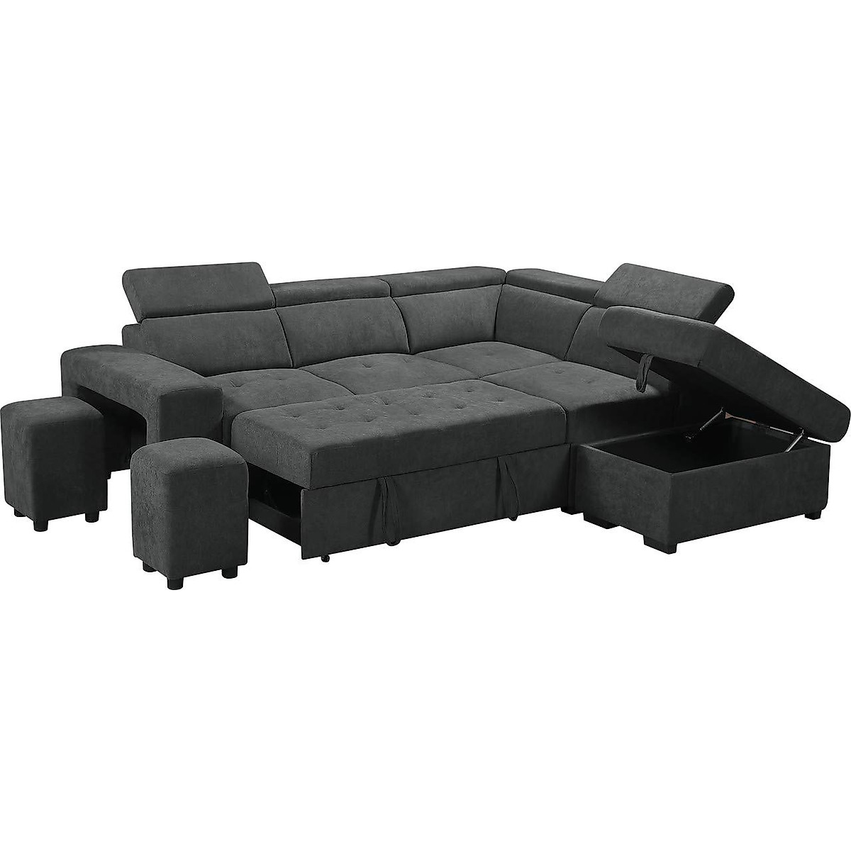 Lilola Home Henrik Dark Gray Sleeper Sectional Sofa with Storage Ottoman and 2 Stools