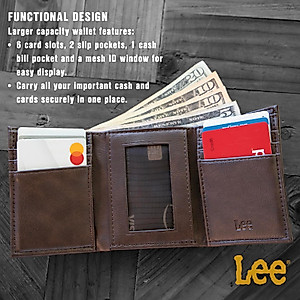 Lee Men’s Trifold Wallet Slim Casual Everyday Minimalist Cash and Card Holder with ID Window (Brown)