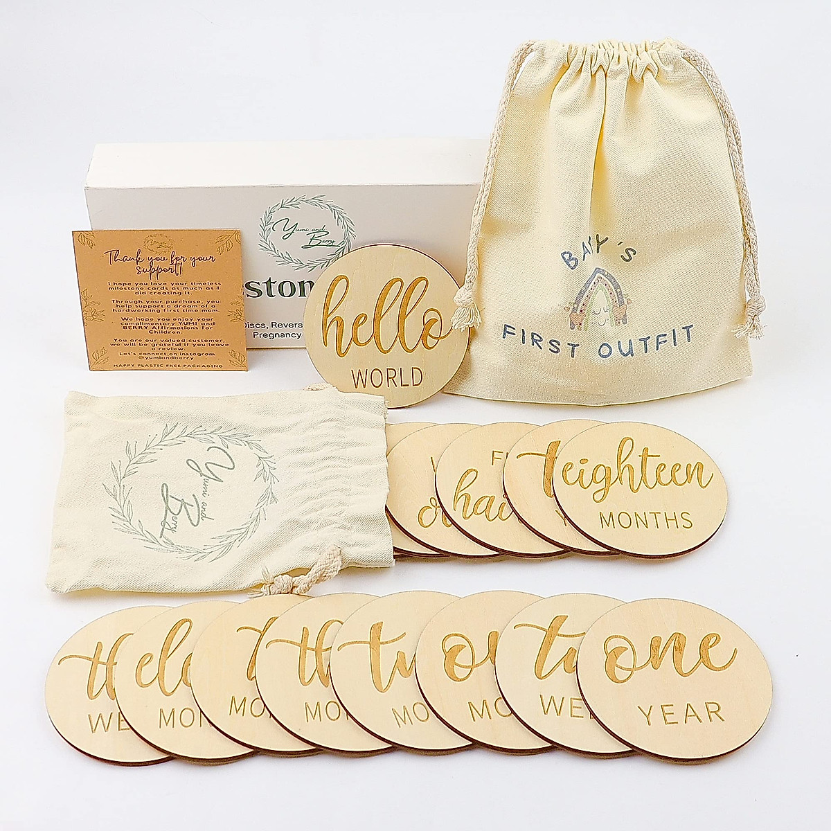 Yumi and Berry Baby Milestone Cards from Newborn to 2 Years Wooden Monthly Discs Comes with Hello World Sign Weekly Wood Dics - Month Signs (Wild Brave 15 Pieces Set) beige