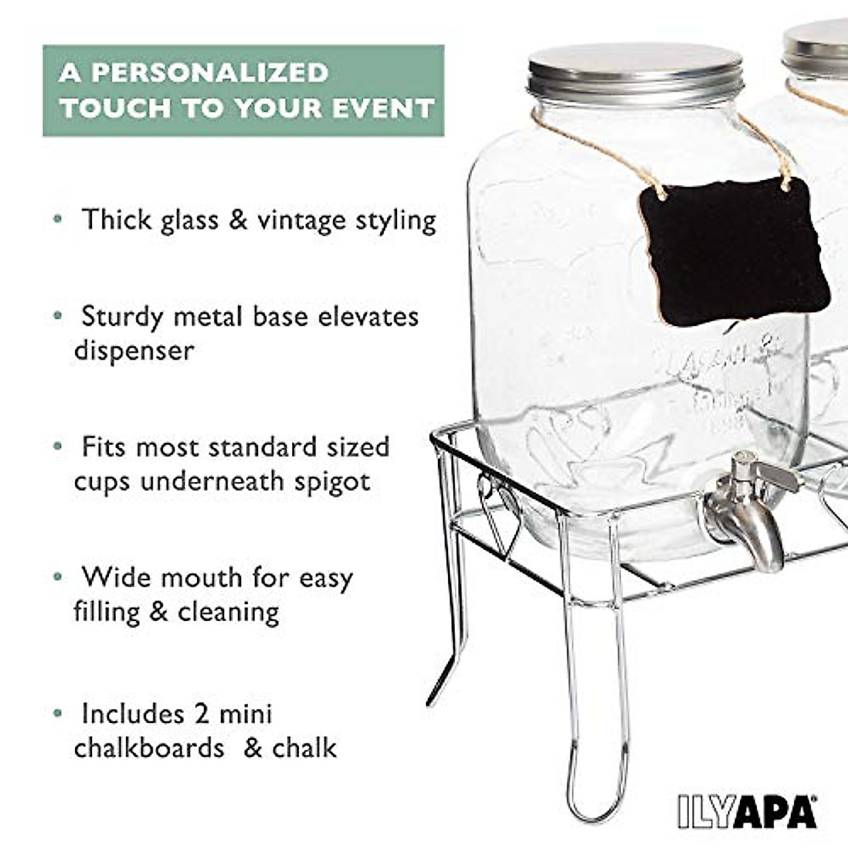 Outdoor Glass Beverage Dispenser 2 Pack with Sturdy Metal Base, Hanging Chalkboards & Stainless Steel Spigots - 1 Gallon Double Drink Dispensers for Lemonade, Tea, Cold Water, Laundry Detergent & More
