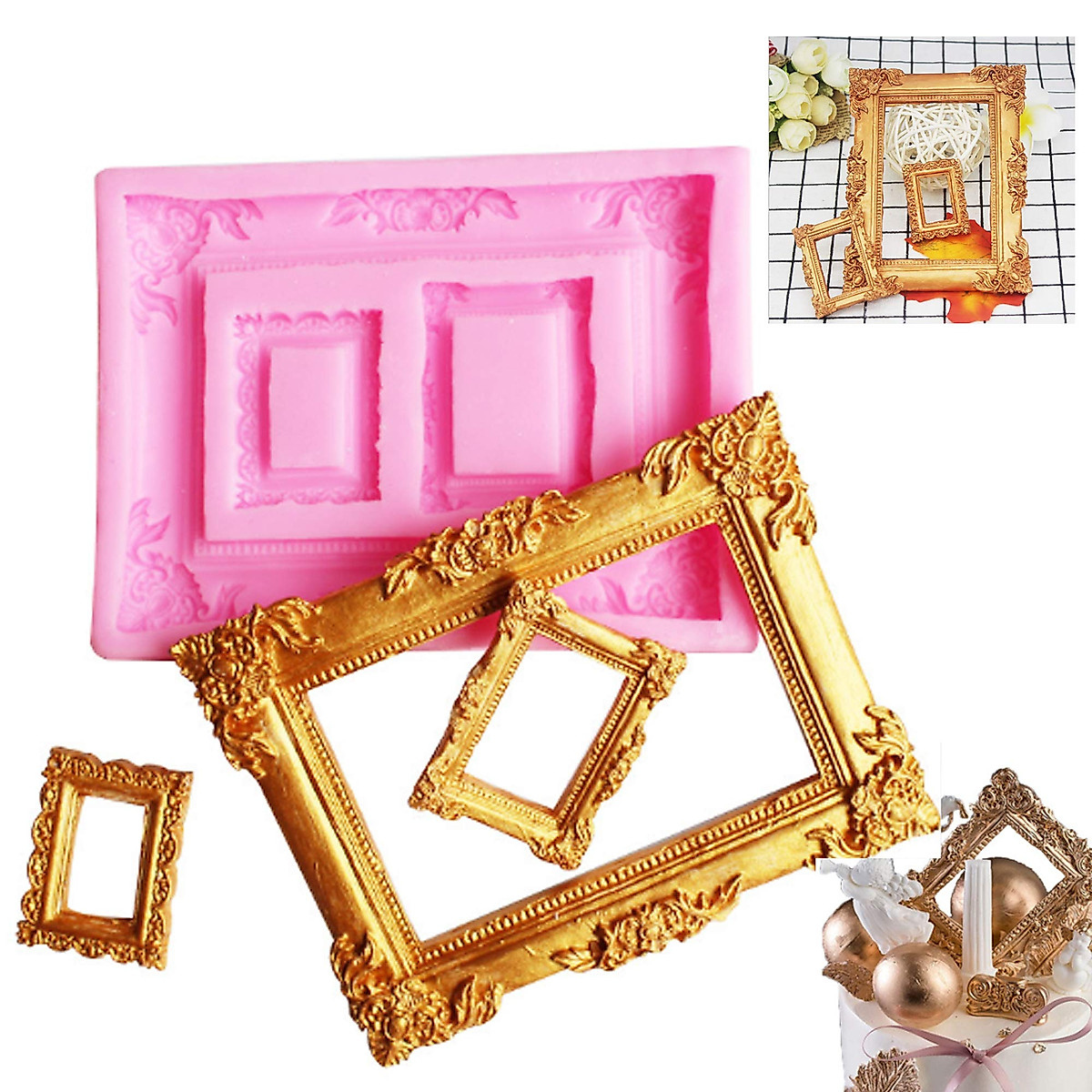 3 Pieces Pink Picture Frames Silicone Mold for Cake Decorating Sugar Gum Paste Chocolate Cookies Resin Polymer Clay