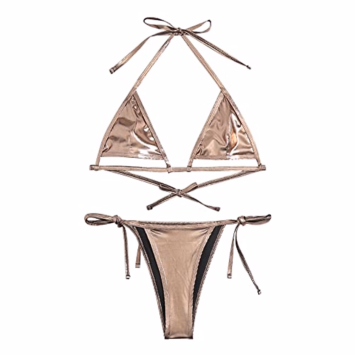 GORGLITTER Women's Sexy Metallic Swimsuit Cut Out Triangle Bikini Set Tie Side Thong Bathing Suit Champagne Medium