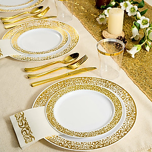 FOCUSLINE 175 Gold Dinnerware Set for 25 Guests, White Plastic Plates with Gold Lace Rim Design, Including 25 Disposable Dinner and Dessert Plates, 25 Silverware Set, 25 Cups, 25 Napkins