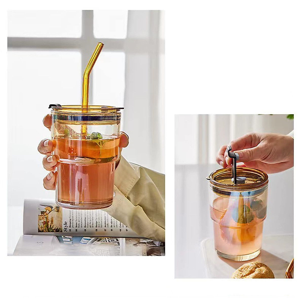 YKNAWOIR 14oz/400ml Tumbler Water Glass Cups with Lid and Straw,Glass Water Bottles Reusable Travel Tumbler Sealed Carry on, Drinking Iced Coffee Cups for Water Smoothie Tea Juice, Insulated Glass Cup