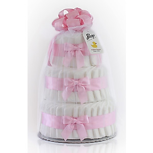 Classic Pastel Baby Shower Diaper Cake (3 Tier, Pink)