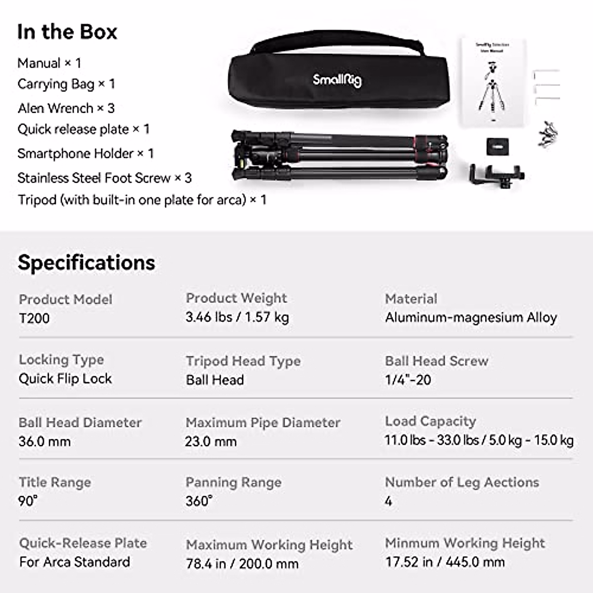 SmallRig 78" Camera Tripod, Foldable Aluminum Tripod & Monopod, 360°Ball Head Detachable and Quick Release Plate, Payload 33lb, Adjustable Height from 18.5" to 78" for Camera, Phone - 3474