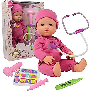 Interactive 16” Baby Doll Toy Doctor Kit with Light Up Heartbeat Sound Stethoscope, Pretend Role Play Accessories Set - Medical Checkup Playset Gift Pack for Kids, Girl Toddler – Pink, (16 Inch)
