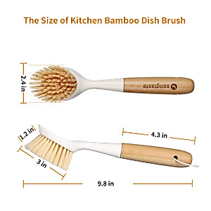 2 Pack Kitchen Dish Brush Bamboo Handle Dish Scrubber Built-in Scraper, Scrub Brush for Pans, Pots, Kitchen Sink Cleaning, Dishwashing and Cleaning Brushes are Perfect Cleaning Tools, White