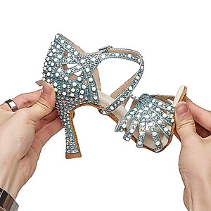 SWDZM Rhinestone Latin Dance Shoes for Women Ballroom Salsa Chacha Professional Performance Practice Dancing Shoes,YCL429-Blue-9,US 9