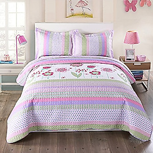 MarCielo 3 Piece Kids Bedspread Quilts Set Throw Blanket for Teens Girls Bed Printed Bedding Coverlet, Full Size, Purple Floral Striped (Full)