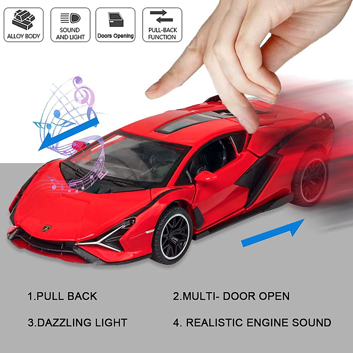1:32 Scale Sian FKP37 Model Car Zinc Alloy Diecast Car Toys for Kids, Pull Back Toy Car Vehicle with Sound and Light Door Opening Birthday Gift for Boys Toddlers (Red)