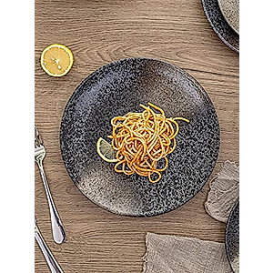 Kanwone Ceramic Dinner Plates - Set of 6, 10 Inch, Round Plates for Steak, Pasta, Salad, Pizza, Appetizer, Microwave, Oven and Dishwasher Safe, Black Glazed