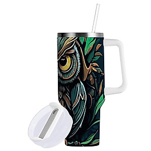 ODAWA 40oz Travel Coffee Tumbler with Straw and Handle, Owl Leak Proof Tumbler