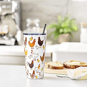 CHASOEA Chicken Tumbler 20oz Rooster Hen Stainless Steel Insulated Tumblers with Lid and Straw Animal Travel Coffee Mug Tea Wine Cups Water Bottle Chicken Gifts for Women Chicken Lovers, White yellow