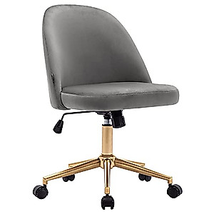 Duhome Cute Armless Home Office Chair，Swivel Desk Chair Velvet Upholstered Chair Rolling Computer Chair with Backrest Golden Base，Adjustable Vanity Chair with Wheels for Teens Adults，Grey