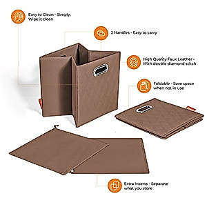 JIAessentials Medium 12-inch Brown Foldable Diamond Patterned Faux Leather Storage Cube Bins Set of Four with Handles with Dual Handles for living room, bedroom and office storage