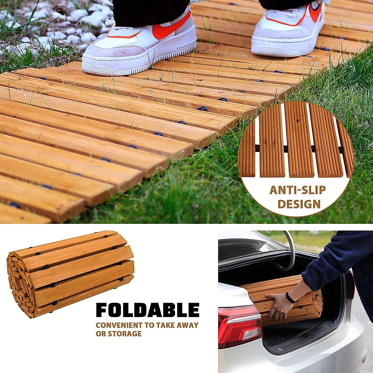 Worth Garden 9 ft. Wooden Garden Pathway - 17 in. W Roll Out Straight Walkway for Outdoor Patios, Gardens, Yard, Beach Boardwalks, Wedding Party - Decorative Wood Path - Metal Wire Connection