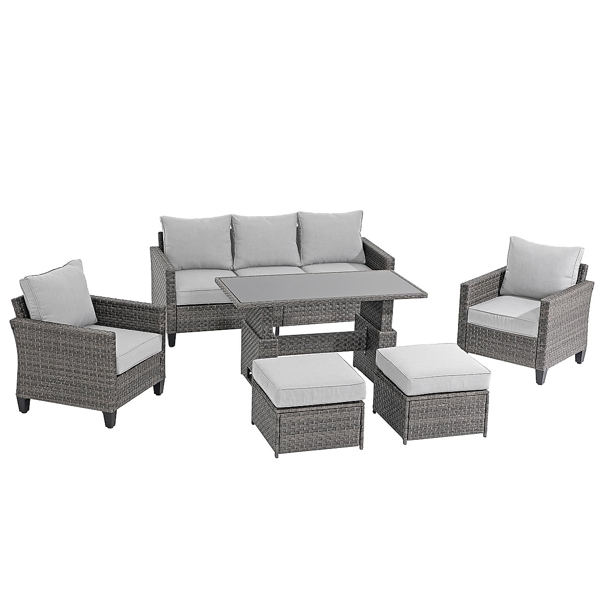 SUNSITT Patio Furniture Set 6-pcs Outdoor Furniture Conversation Sets with Lift Dining Table Wicker Patio Furniture Outdoor Couch Grey Rattan Light Grey Cushions for Garden, Backyard, Lawn
