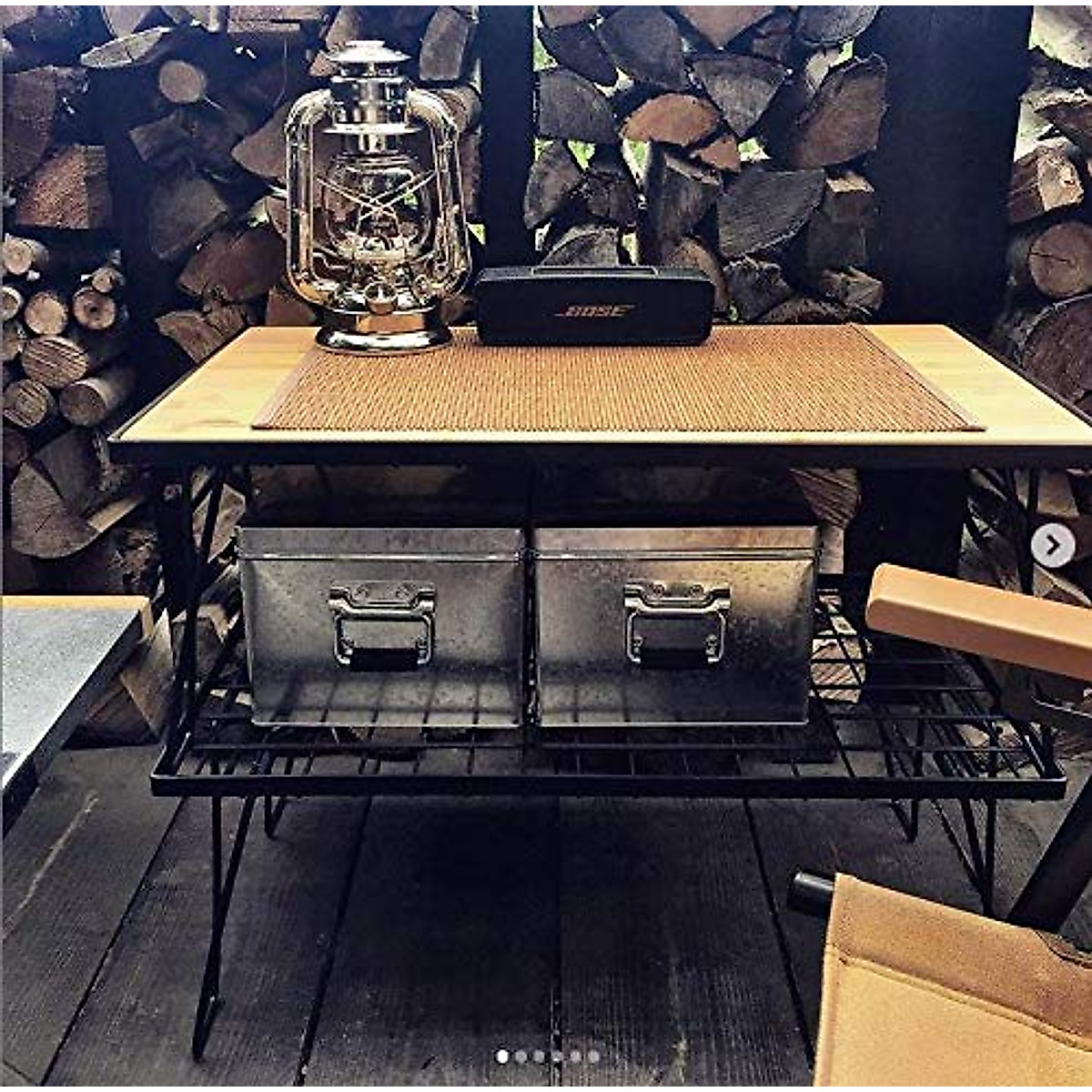 Camping BBQ Grill 2Pcs Outdoor Folding Multipurpose Storage Rack with 1pc removable Bamboo Board, Steel Plating Black T-230-2TP