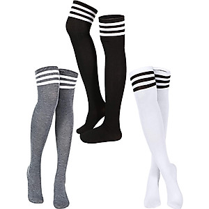 SATINIOR 3 Pairs Triple Stripe Over the Knee Socks Extra Long Opaque Thigh High Stockings