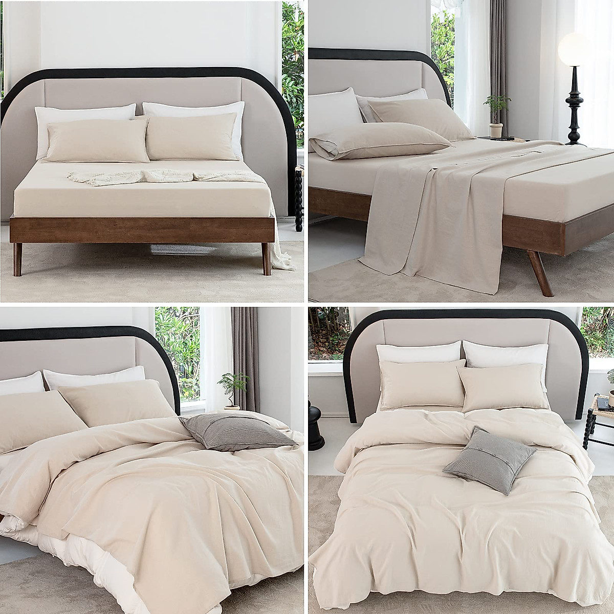 Talasily Linen Sheets Queen Linen Bed Sheet, 4 Piece Breathable Linen Cotton Sheets Queen Size Set, Linen Cotton Blend Sheets for All Seasons- Deep Pockets, Easy-Fit, (Queen, Beige)