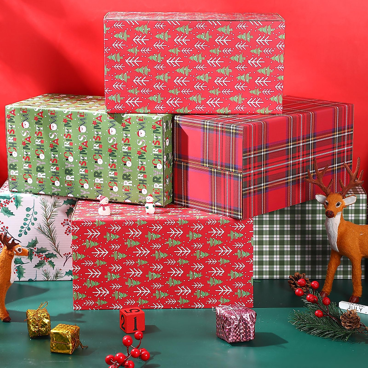 Qilery 20 Pack 10.6 x 6 x 6 Inch Christmas Gift Shipping Boxes Corrugated Small Cardboard Boxes for Christmas Holiday Small Business Gift Packaging Party Supplies, 5 Styles