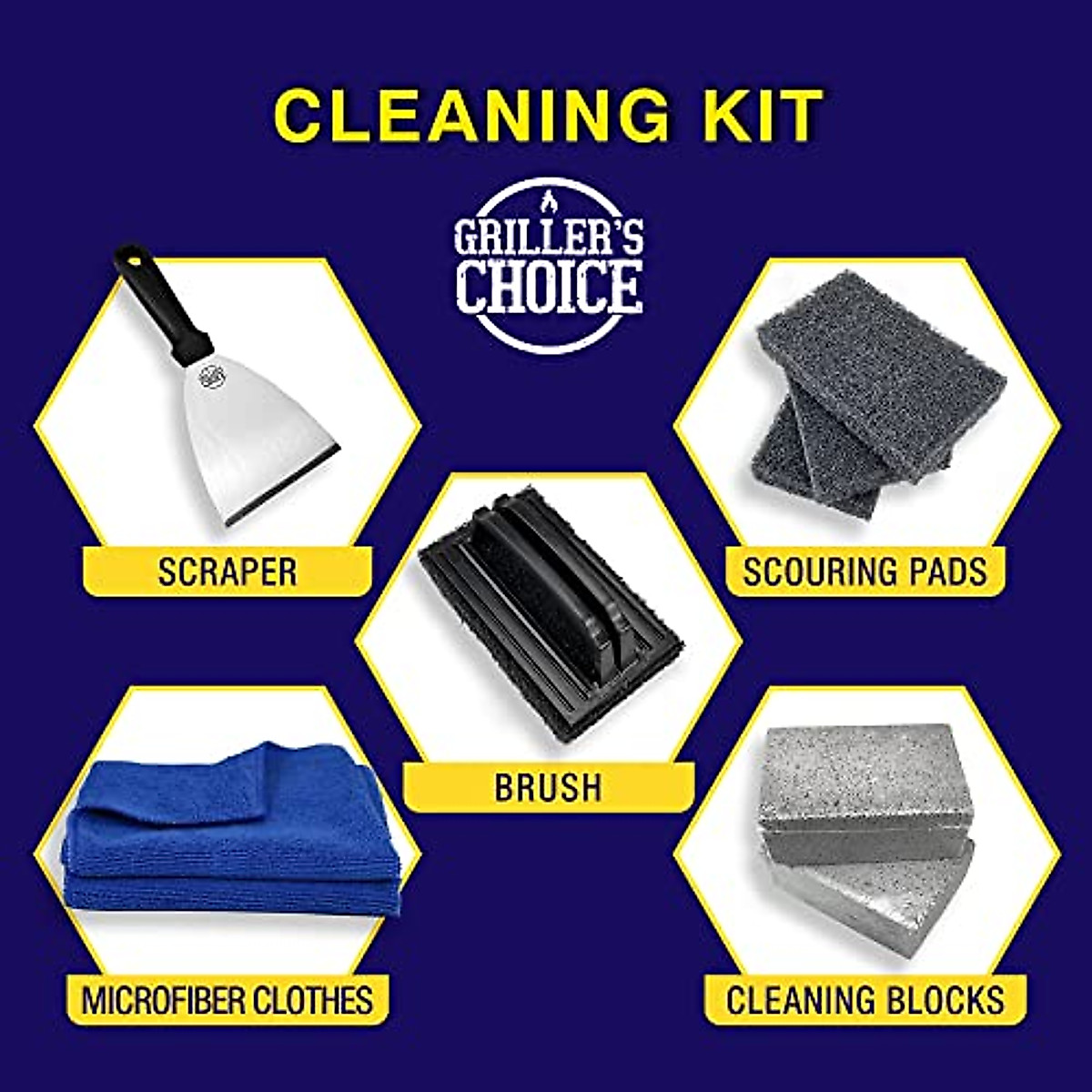 Grillers Choice Griddle Cleaning Kit, Flat Top Grill Set-Cleaning Blocks, Scouring Pads, Cleaning Brush, Scraper. All in One Grill Cleaning Kit (CleaningKitNEW)