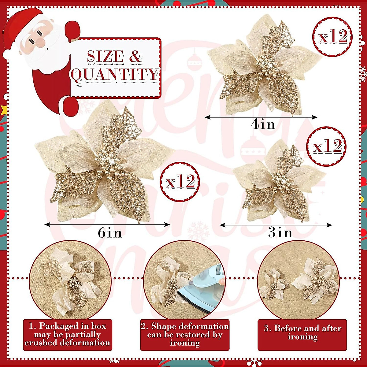 36 Pieces Christmas Glitter Poinsettia Faux Flowers Christmas Flowers Decorations Wedding Xmas Tree New Year Ornaments(Gold)