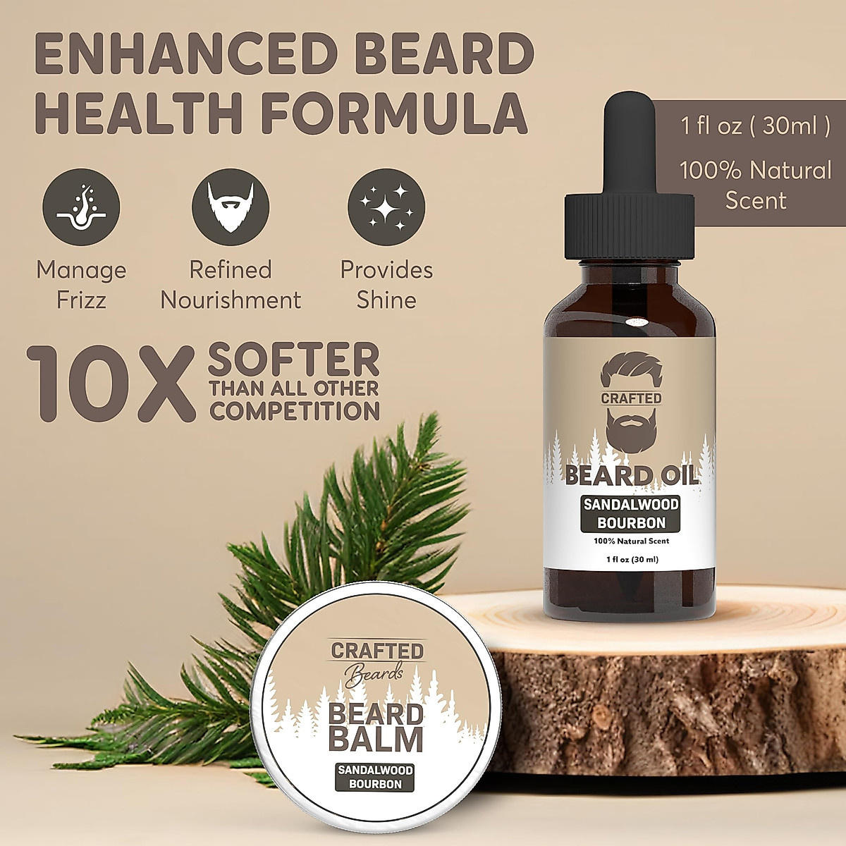 Beard Care Kit - Softer, Smoother, Moisturized Beard - Beard Oil and Balm - Gift Set (Sandalwood Bourbon)