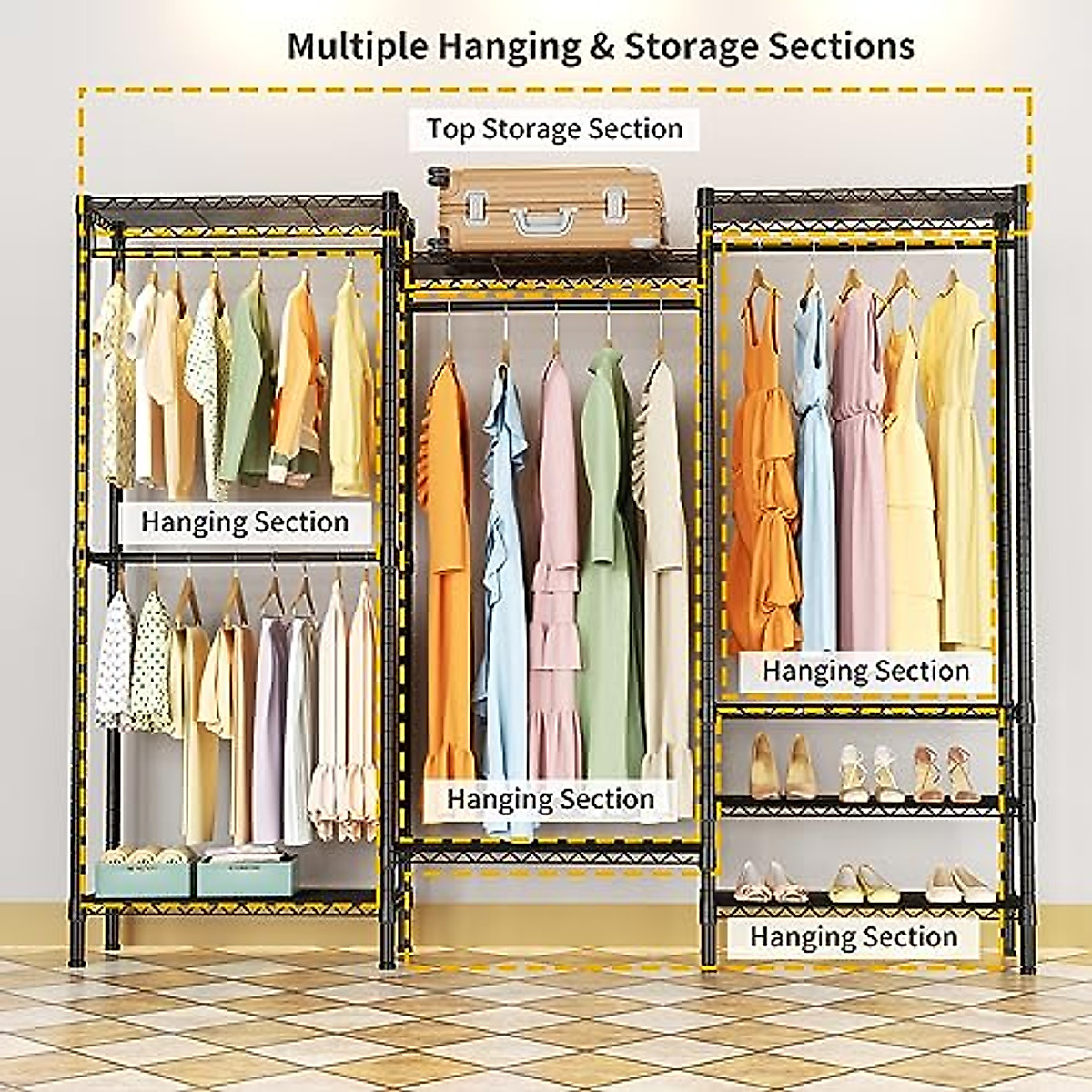 Golpart Freestanding Garment Rack Portable Closet Clothes Racks for Hanging Clothes, Heavy Duty Metal Adjustable Clothing Rack with 4 Hanging Rod & 8 Shelve, Stand Wardrobe Closet, Max Load 800LBS