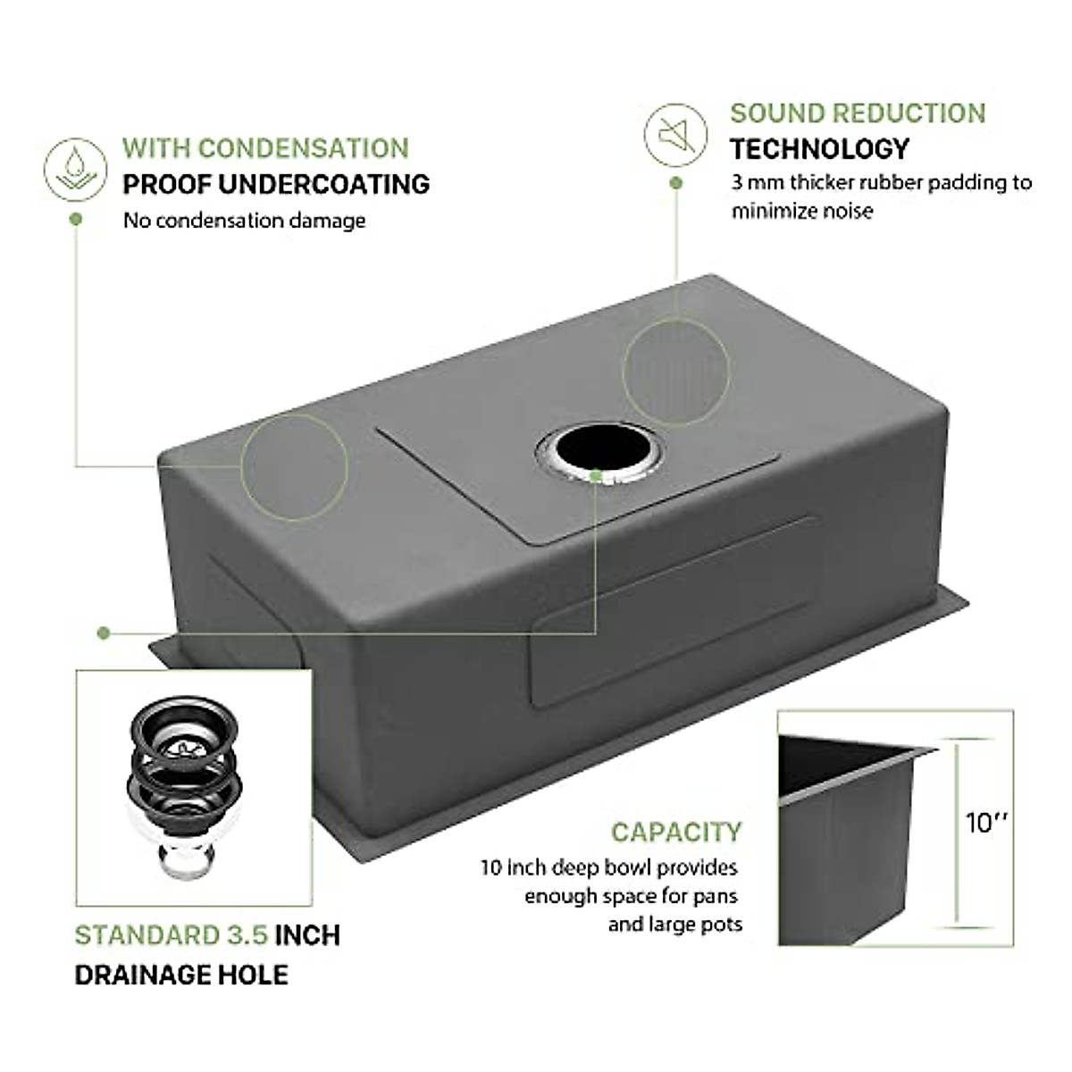 32 Inch Black Undermount Kitchen Sink - Beslend 32"x19"x10" Stainless Steel Gunmetal Black 16 Gauge 10 Inch Deep Single Bowl Basin