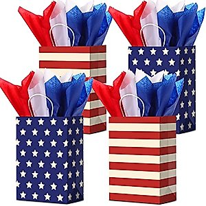 16 Pieces Patriotic Gift Bags with Handle with 18 Pcs Tissue Paper 4th of July Gift Bags American Flag USA Gift Bags for Veterans Day Memorial Day Independence Day Party (Retro Style)