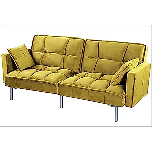 Container Furniture Direct Regal Convertible Sleeper Sofa Bed, Velvet Pull Out Couch with Mid-Century Style, Tufted Design and Metal Legs, Ideal for for Guests and Sleepovers, Greenish Yellow