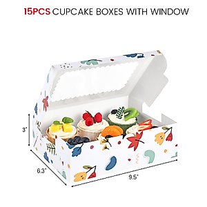JOHOUSE 6 Count Cupcake Boxes, 6 Sets Cupcake Container with Windows and Inserts Bakery Boxes for Cupcakes Muffins Cookies 9.5" x 6.3" x 3"