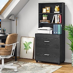 Tribesigns Vertical File Cabinet Modern Wood Filing Cabinet with 2 Large Drawer fit Letter/A4 Size, Large Printer Stand with 4 Open Storage Bookshelves for Home Office, Black