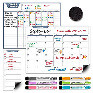 Magnetic Dry Erase Chore Chart, Calendar, and to-Do List for Refrigerator: 3 Boards, 6 Markers, and Eraser