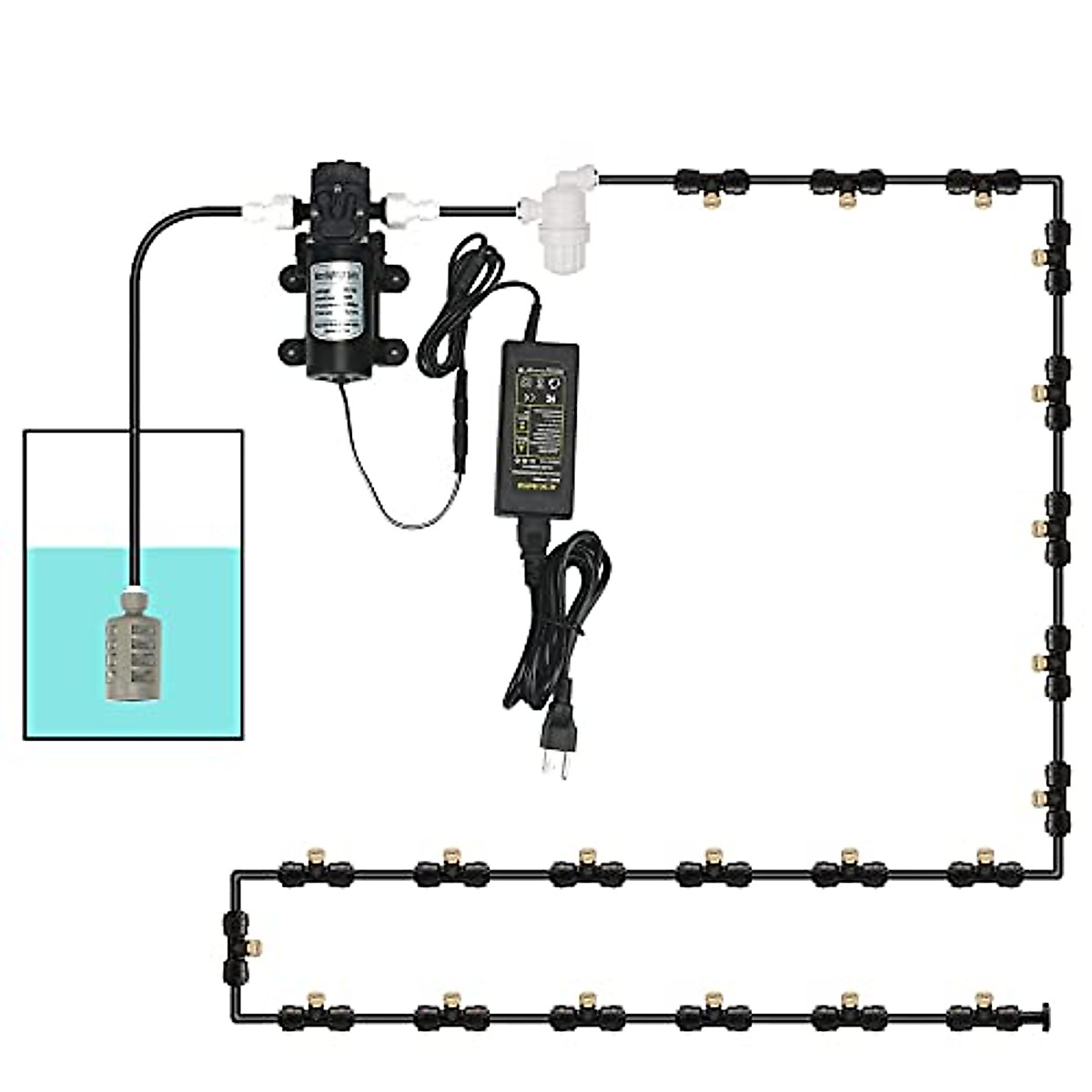 Misting Cooling System 12V Outdoor Water Pump Electric 20 Feet 6 Meter Mist Nozzles Spray Fan Mist System for Patio Water Spray Garden Greenhouse Mist Plants Roofline (15meter (50feet) + pump)