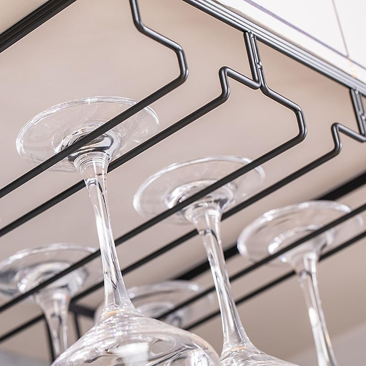 FIAMER Wine Cup Holder Table Decoration Storage Hanger Metal Organizer for Bar Kitchen 3 Rows Stemware Rack Under Cabinet Stainless Steel Hanger Storage Shelf Black