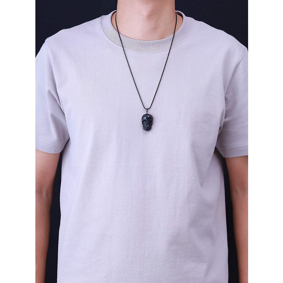 COAI Stainless Steel Chain Skull Black Obsidian Crystal Necklace 20"